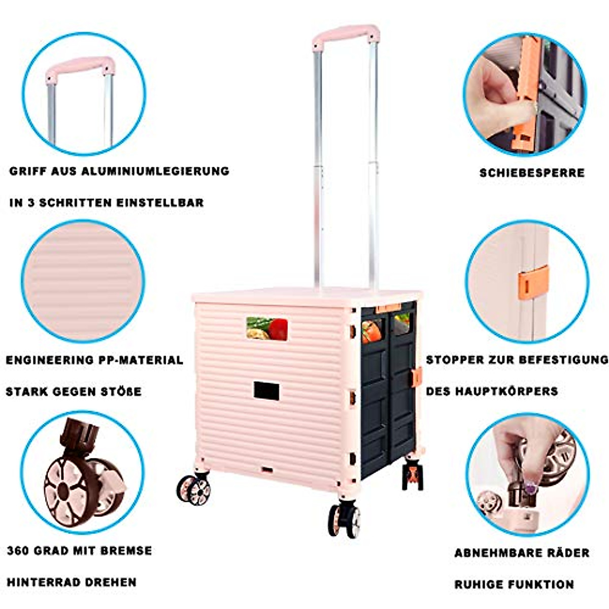 Foldable Utility Cart Folding Portable Rolling Crate Handcart Shopping Trolley Wheel Box with Lid Wear-Resistant Noiseless 360°Rotate Wheel for Travel Shopping Moving Storage Office Use (Pink)