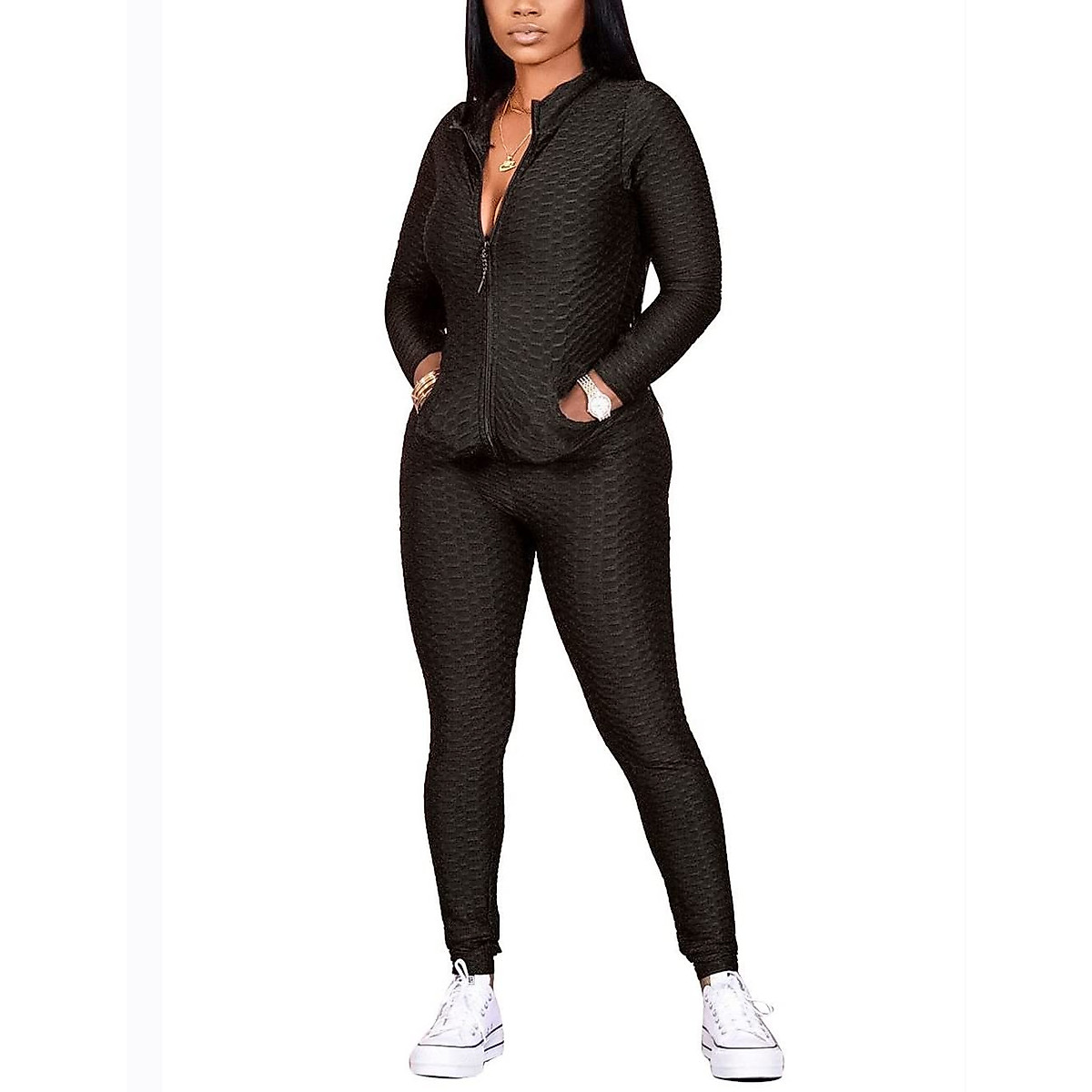KANSOON Jogging Suits for Women, Textured 2 Piece Outfit Long Sleeve Full Zip Jacket Skinny Pants Tracksuit Set Black L