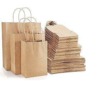 Kslong 105 Pack Brown Kraft Gift Bags with Handles, Natural Plain Kraft Paper Shopping Bags Bulk for Retail Business, Grocery, Merchandise, Craft, Birthday, Wedding, Party Favors in 3 Sizes