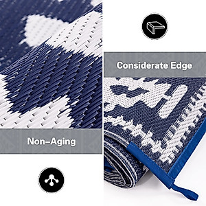 Carvapet Outdoor Reversible Rugs Waterproof Plastic Straw Area Rug Portable Non Slip Bohemia Style PP Mat for Picnic, RV, Patio, Camping, Decking, Trailers, Navy&White, 5’x8’