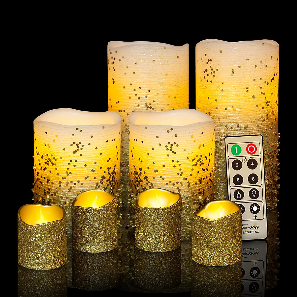 FURORA LIGHTING Gold Glitter Real Wax Candles with Remote and Timer, 4 Pillars and 4 Votives Pack of 8, LED Flameless Flickering Candles for Home Décor, Battery Included