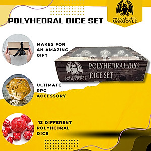 Grinning Gargoyle – 13x Deluxe Poly RPG Dice Set - Perfect for DND 5th Edition Pathfinder Starfinder Cyberpunk and Blades in The Dark – Includes a Giant 45mm 100 Sided Polyhedral Die or D100 (White)