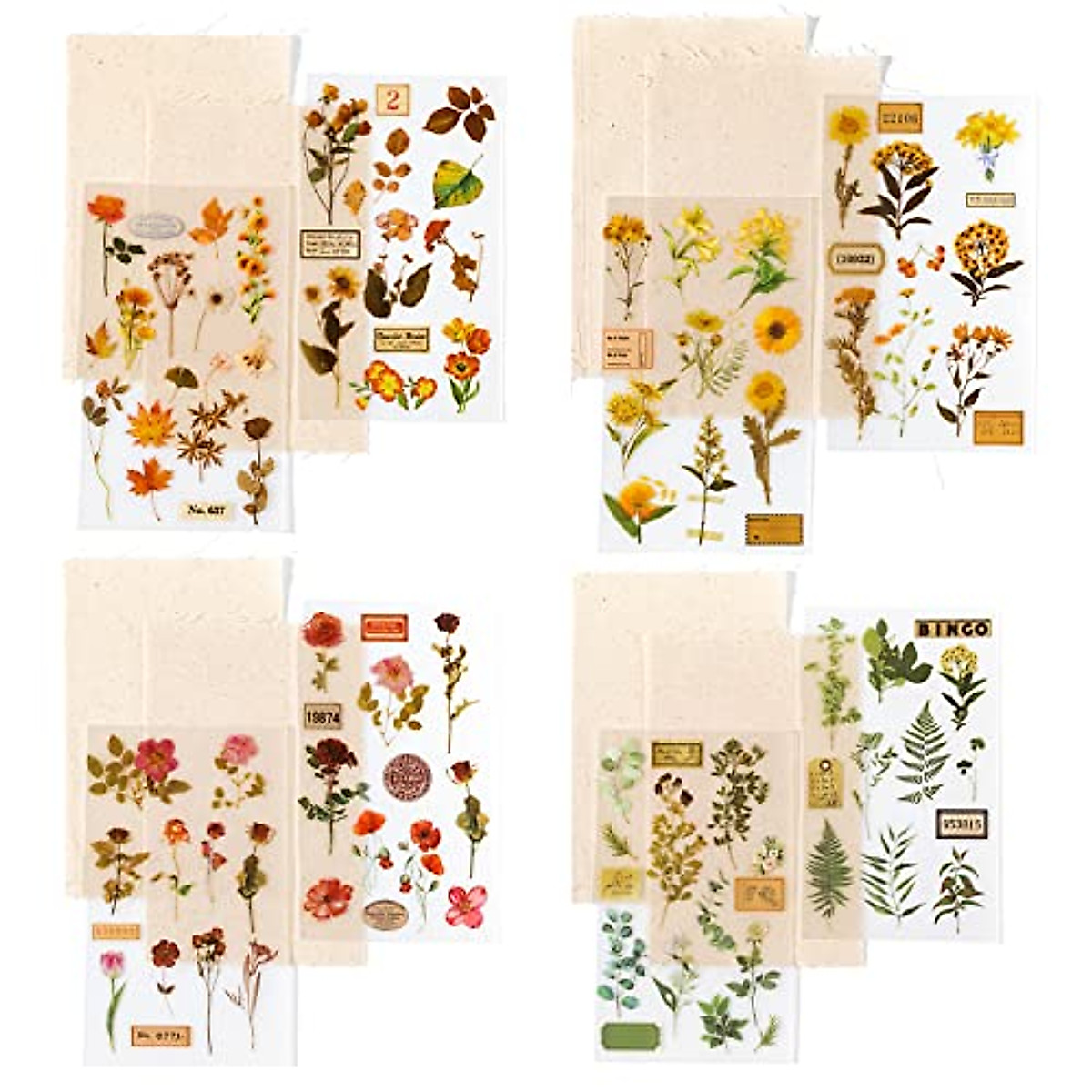 Vintage Rub on Transfers Stickers, 4 Pack Transfer Stickers Flowers Scrapbooking Stickers for Paper, Fabric, Mugs, Junk Journals, Bullet Journals, Scrapbooking Materials, Planners, Wedding Scrapbook