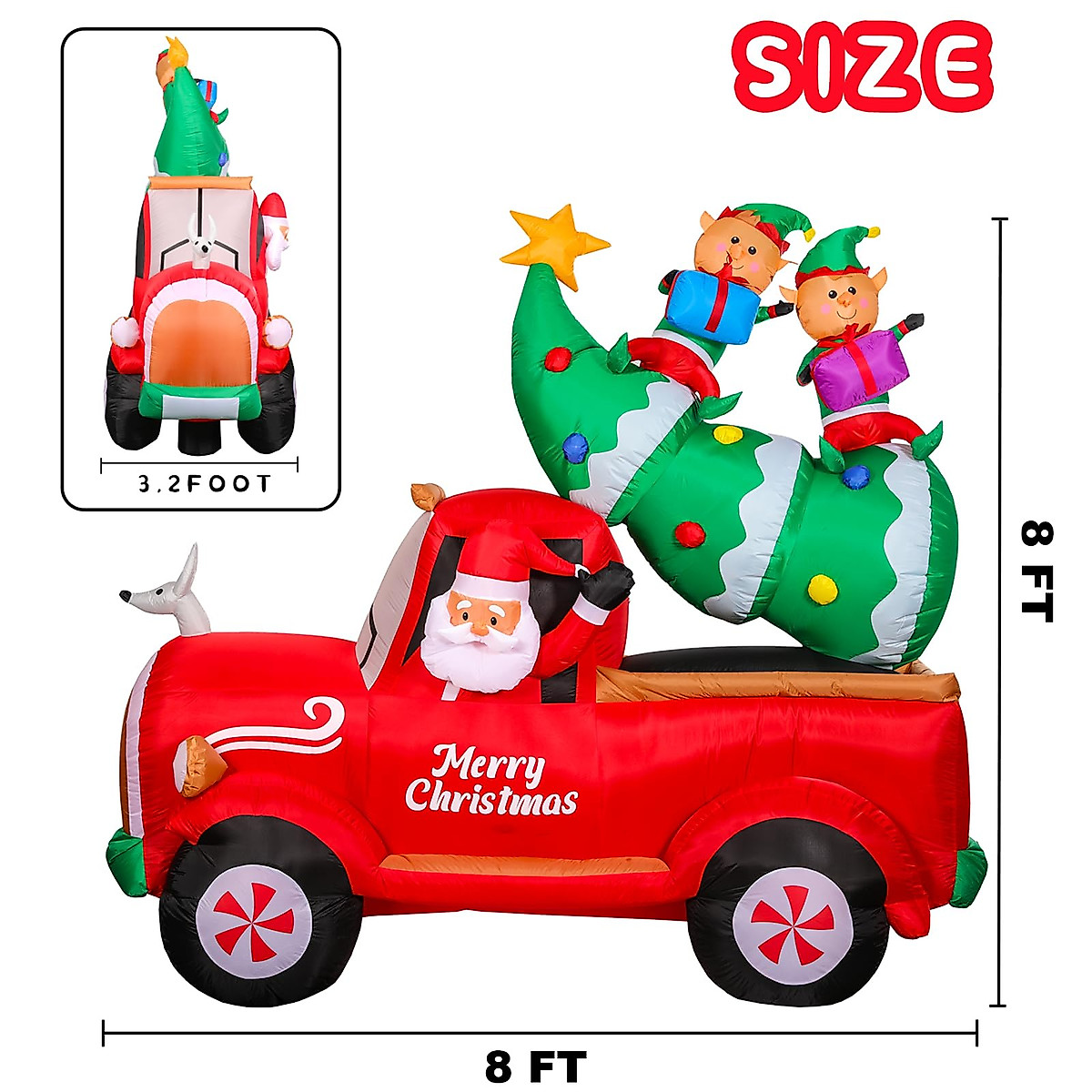 8 FT Christmas Inflatables Yard Decorations, Blow Up Santa on Red Truck with Christmas Tree and Elfs, Light Up Holiday Inflatables for Indoor Outdoor, Xmas Party, Lawn, New Year