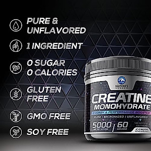Creatine Monohydrate Powder - 100% Pure Micronized Creatine 5000mg (5g) - Creatine Pre Workout, Supports Muscle Building, Cellular Energy, Recovery & Strength, Vegan, Keto, Gluten-Free - 60 Servings