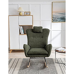 Rocking Chair for Baby Nursery, Comfy Small Rocker with Neck Rest and Pocket, Modern Upholstered Accent High Back Armchair for Living Room, Bedroom, and Office (Dark Green)