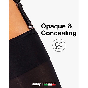 sofsy 60 Denier Black Stockings for Women's Garter Belt [Made in Italy] Ultra-Soft, Durable Opaque Thigh Highs for Evening Wear - Large