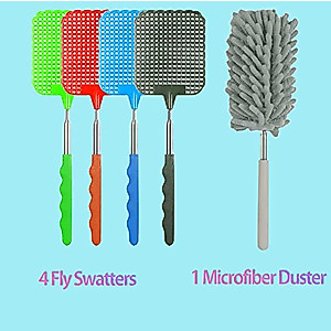 Retractable Fly Swatters Durable Plastic Fly Swatter Heavy Duty Set of 4 with Extendable Microfiber Feather Duster, Telescopic Flyswatter with Stainless Steel Handle for Indoor/Outdoor/Classroom