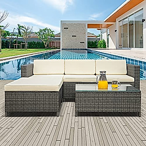 SUNVIVI OUTDOOR 5 Piece Patio Furniture, All-Weather Grey Wicker Sectional Couch with Cream White Washable Cushions