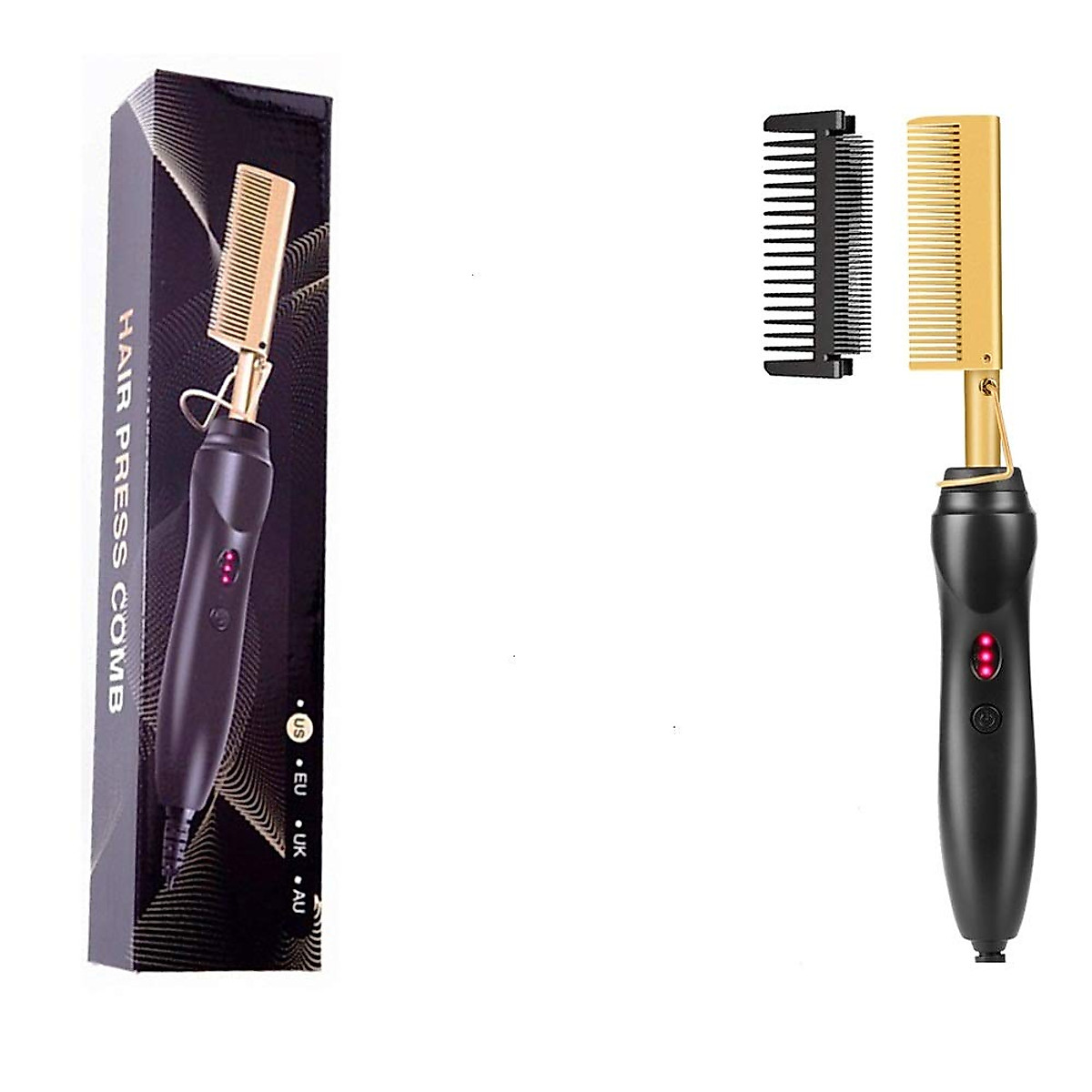 Gold Plated Heated Styling Comb Electric Hot Straightening Heat Pressing Comb Ceramic Curling Flat Iron Curler Designed Hair Straightener Curling Iron for Natural Black Hair,Wigs,Beards (Gold)