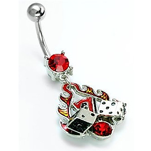 Body Accentz Belly Button Ring Navel Lucky 7 Dice Flame Body Jewelry Dangle 14 Gauge