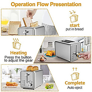 Toaster 2 slice whall Stainless Steel Toasters with Bagel,Cancel,Defrost Function,Removable Crumb Tray,1.5in Wide Slot,6 Bread Shade Settings,for Various Bread Types (850W)
