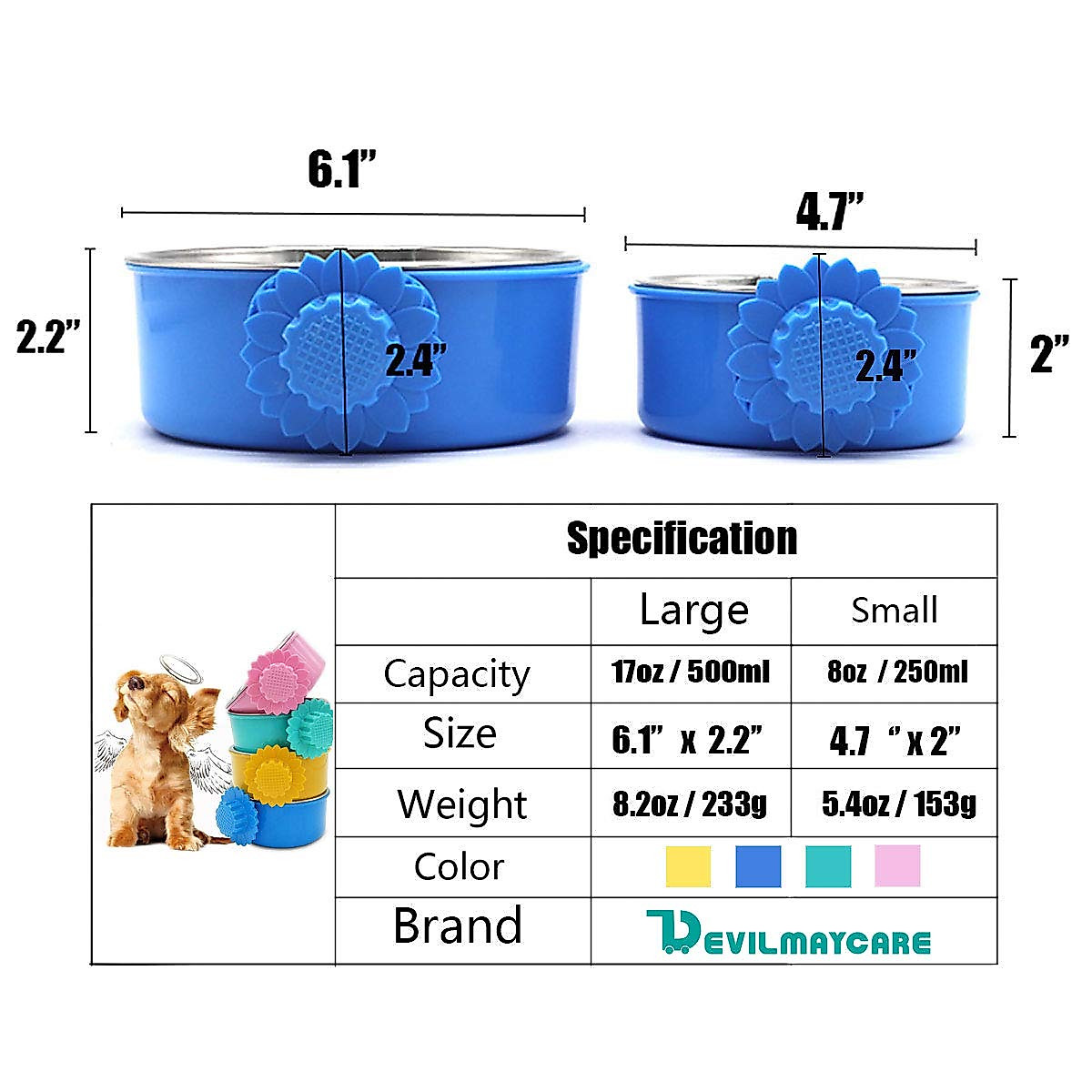 DEVILMAYCARE Pet Feeder Dog Bowl Stainless Steel Food Hanging Bowl Crates Cages Dog Parrot Bird Pet Drink Water Bowl Dish Accessory (S: 4.5''x2'', Pink)