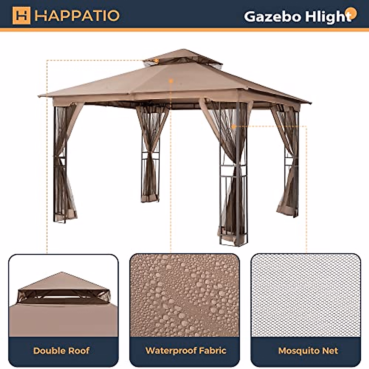 HAPPATIO 10' X 12' Patio Gazebo with Ventilation Double Roof，Outdoor Gazebo with Mosquito Netting for Lawn, Garden (Light Brown)