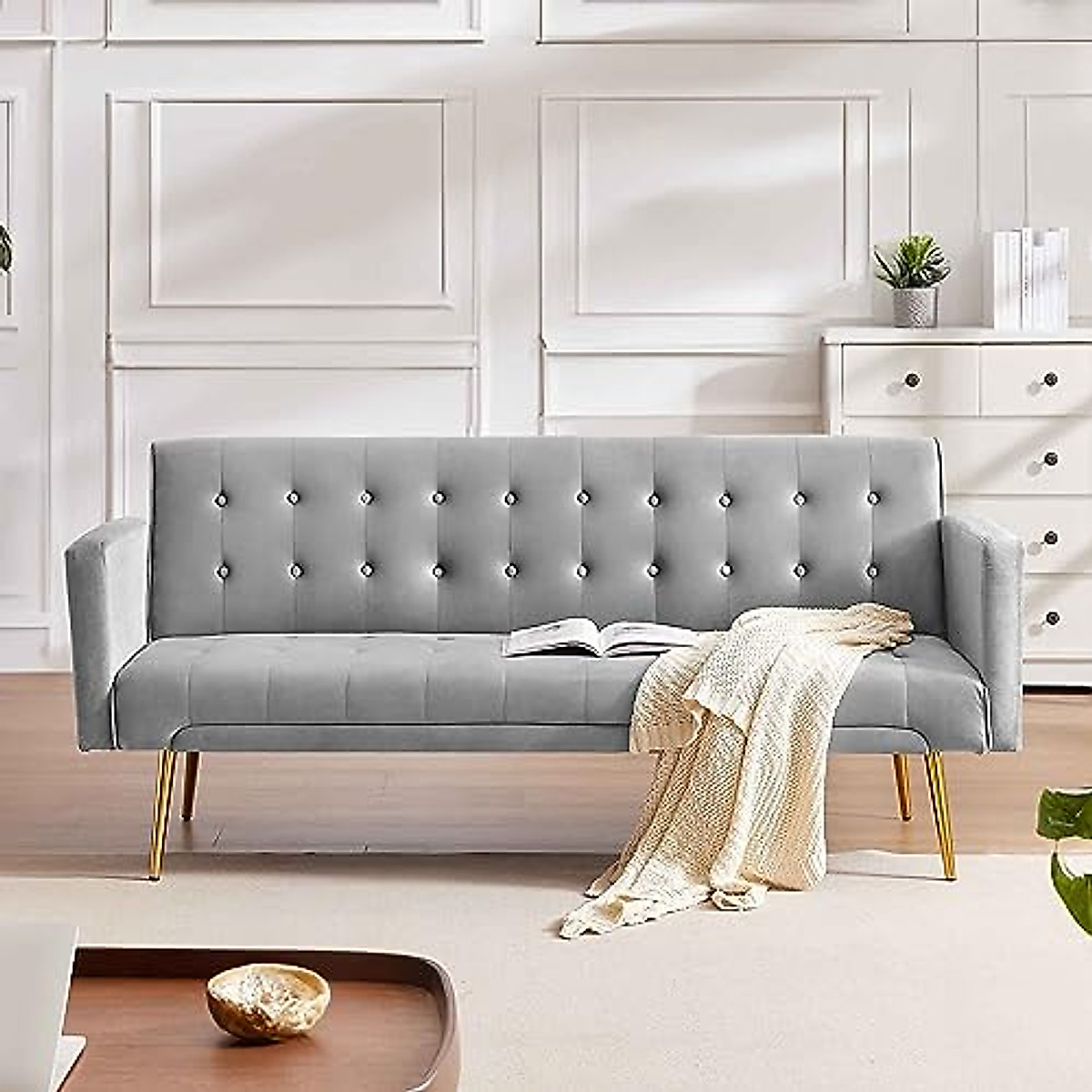 RIDFY 70” Modern Velvet Futon Sofa Bed, Convertible Sleeper Couch with Metal Legs/Armrests, Folding Upholstered Loveseat, Memory Foam Living Seat, Recliner Sofa for Home/Office (Grey)
