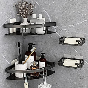 Corner Shower Caddy Black 2 Pack With 2 Soap Dishes, No Drilling Wall Mounted Shower Organizer With 4 Movable Hooks, Space Aluminum Rustproof Shower Shelf For Bathroom