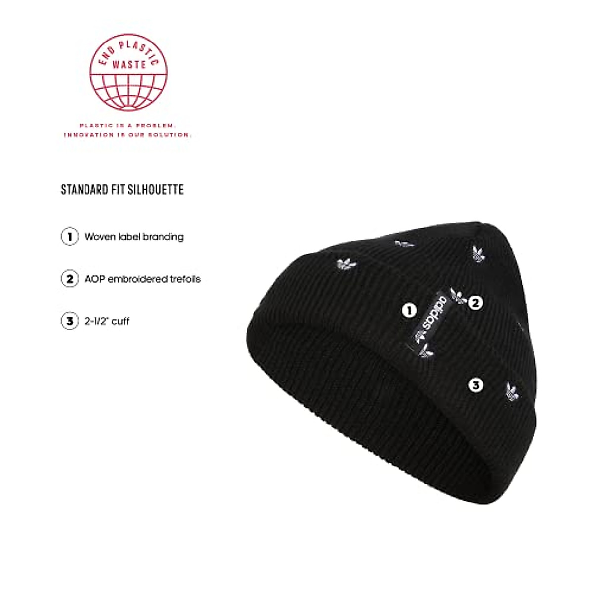 adidas Originals AOP Embroidery Cuff Fold Beanie, Black/Black/White, One Size