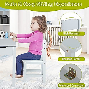 HONEY JOY Kids Table and Chair Set, Wooden Lift-Top Desk & Chair with Storage, Paper Roll Holder & Pen Slot, Activity Table Set for Craft Art, Children Furniture Set for Daycare, Playroom (Gray)