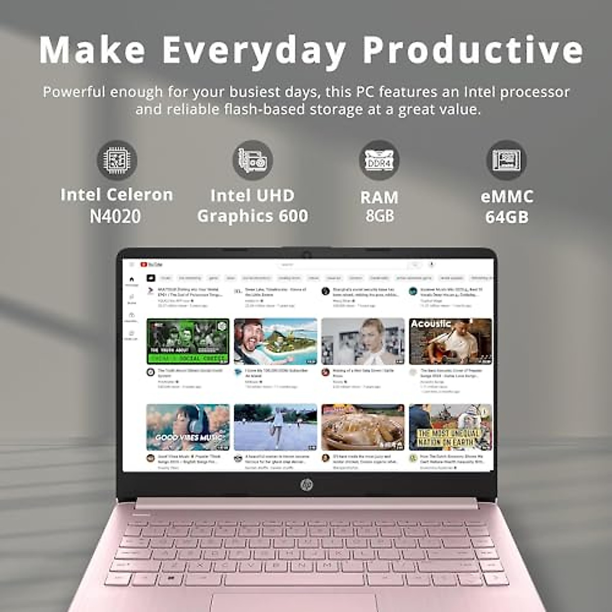 HP Stream 14 Inch Laptop for College Students, School, Intel Celeron N4020, 8GB RAM, 64GB eMMC, Windows 11, Office 365 1 Year, Pink, PCM