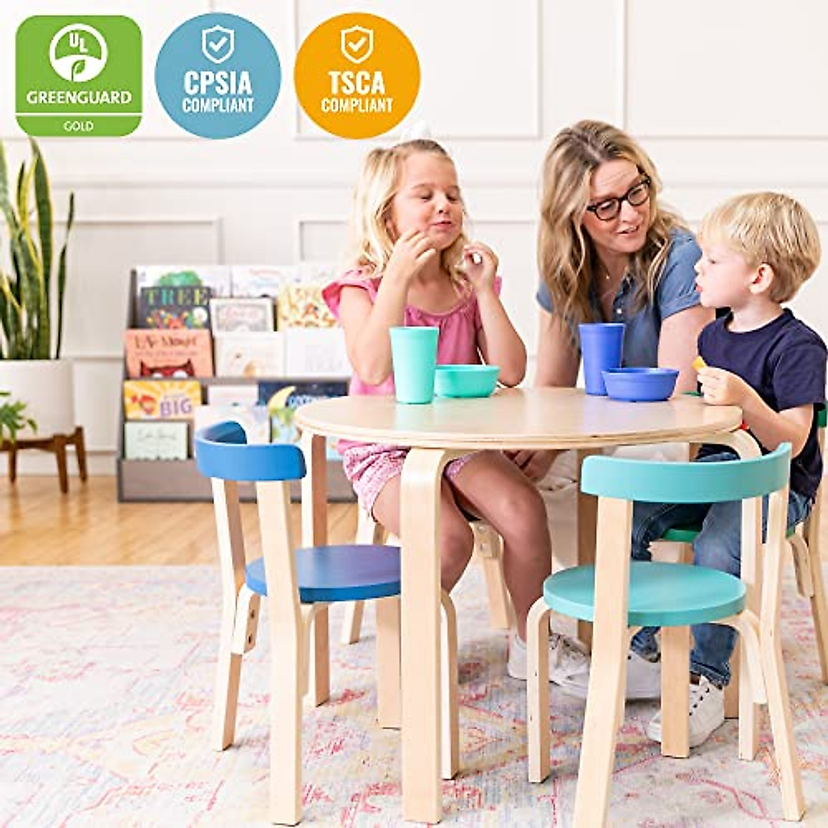 ECR4Kids Bentwood Round Table and Curved Back Chair Set, Kids Furniture, Contemporary, 5-Piece