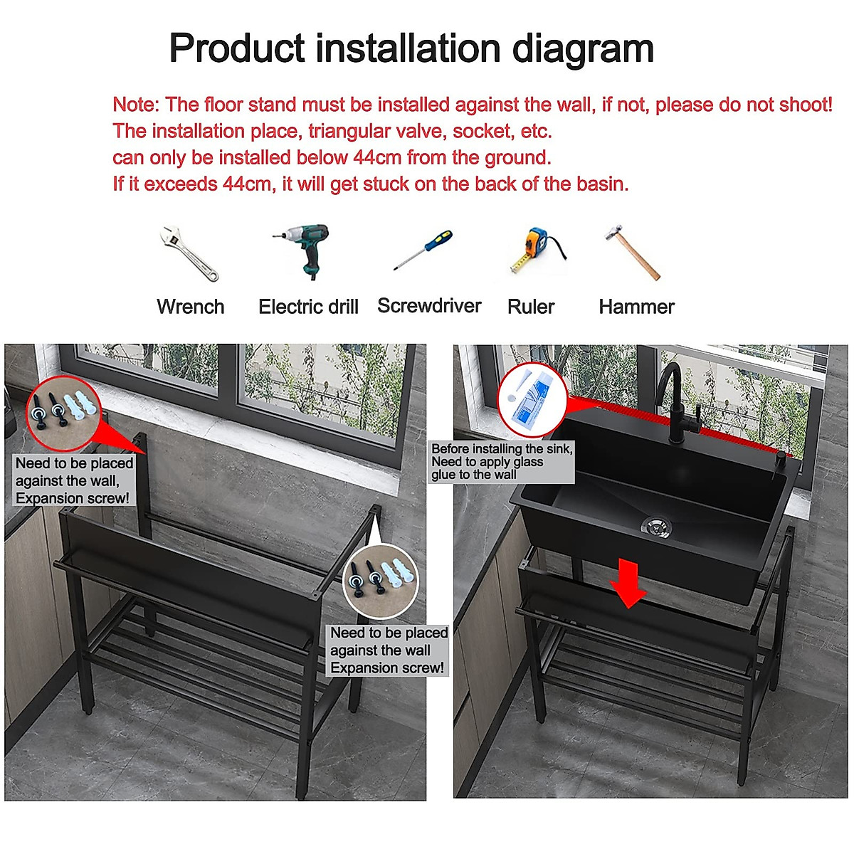 Vardeau Freestanding Stainless Steel Black Utility Sinks,Commercial Kitchen Washing Sink 1Compartment with Faucet,Heavy Duty Hand Washing Basin, 90x45x86cm