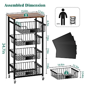 CHLORYARD 5-Tier Vegetable Fruit Basket Kitchen Storage Rolling Cart on Wheels with Pull-Out Baskets and Wood Top for Kitchen Diningroom Pantry