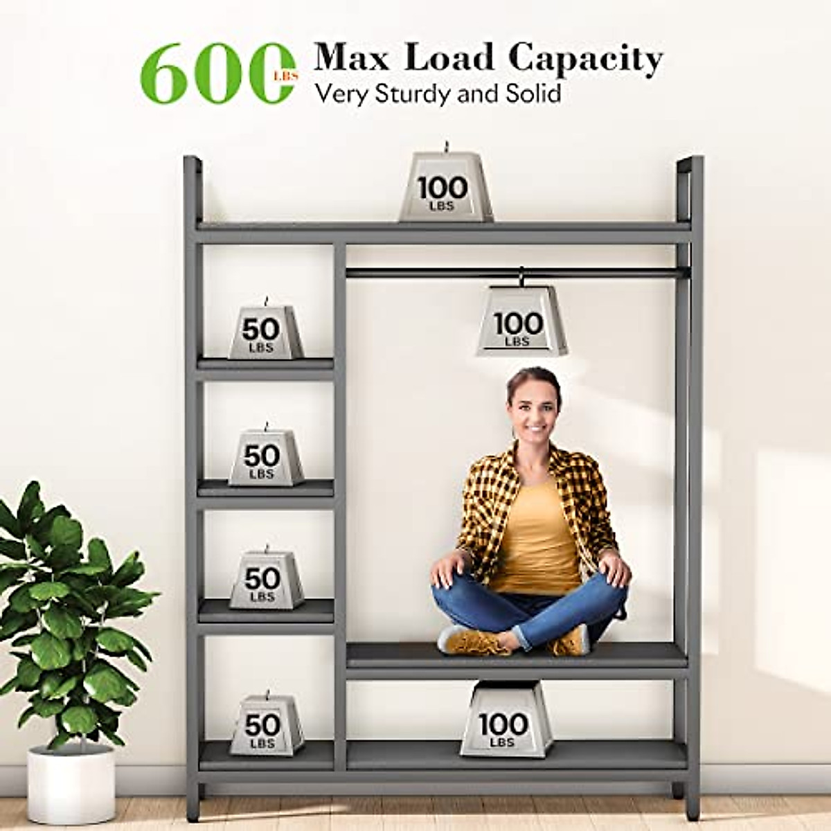 HOKEEPER 600lbs Capacity Free Standing Closet Organizer with 6 Metal Shelves Heavy Duty Clothing Rack for Hanging Clothes Sturdy Storage Wardrobe Closet Garment Rack for Bedroom