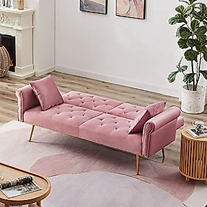ERYE Tufted Upholstered Futon Sofa Daybed Modern Convertible Loveseat Sofa & Couch Soft Convenient Nap Sleeper Couch Bed for Home Office Apartment Furniture Sets Velvet with Pillows Nailhead Decor
