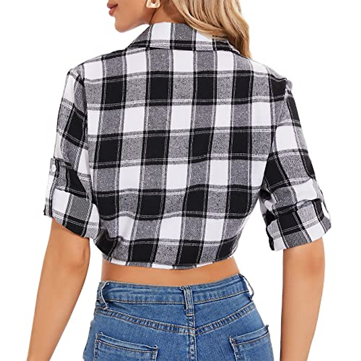 Women's 3/4 Sleeve Front Tie Shirt Plaid Shirts Denim Shirt Crop Cardigan Jean Crop Top Button Down Knot Shirt Black Plaid X-Small