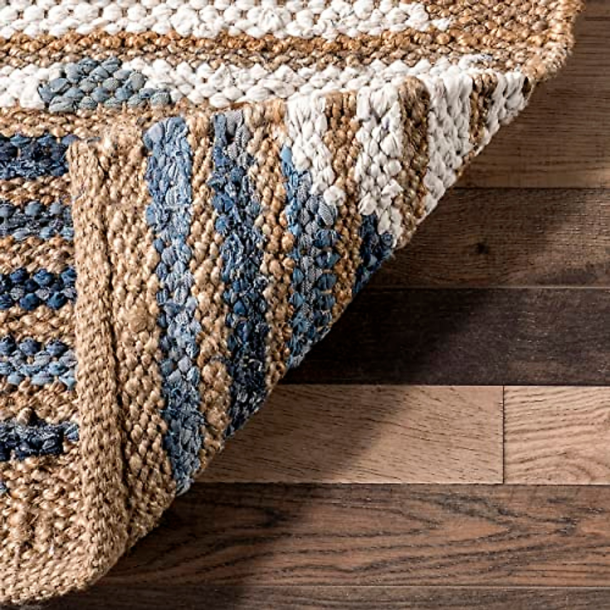 nuLOOM Hand Braided Marla Denim And Jute Diamonds Runner Rug, 2' 6" x 8', Off-white