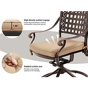 Grepatio 5 Piece Outdoor Dining Set Cast Aluminum Patio Dining Set Table and Chairs Outside Furniture 4 Mesh Swivel Chairs with Khaki Cushion and 1 Umbrella Round Dining Table for Lawn Garden Patio