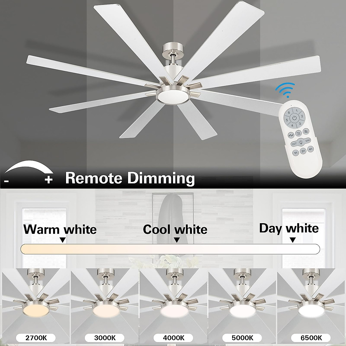 hykolity 72 Inch Indoor Ceiling Fans with Lights and Remote Control,Quiet Indoor Reversible DC Motor Ceiling Fan,8 Blades, Dimmable, 5CCT,6-Speed Ceiling Fan -Brushed Nickel