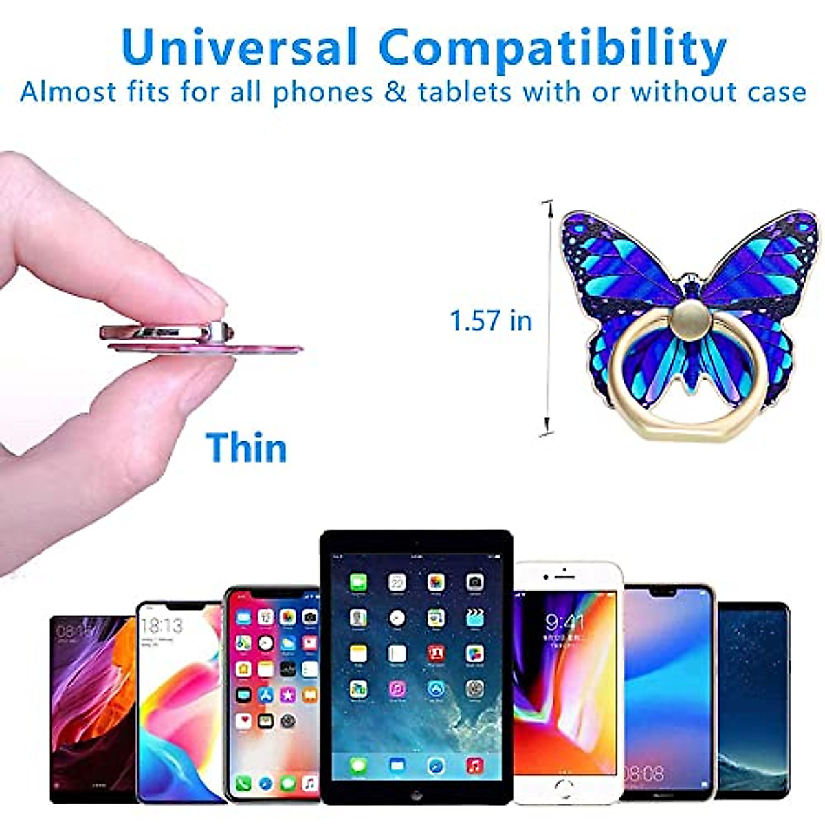 Kinizuxi Cell Phone Ring Holder, Butterfly Phone Ring Grip Stand 360°Rotation Finger Ring Kickstand Compatible with iPhone,All Android Smartphone (Blue)