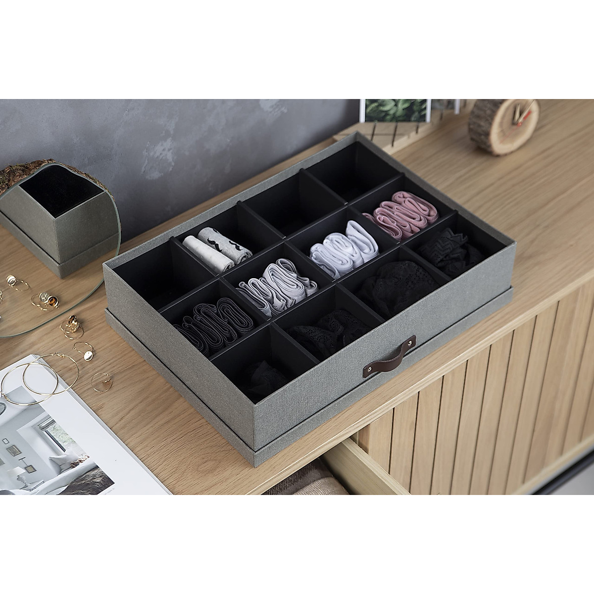Bigso Box of Sweden Small Storage Box with 12 Compartments and Leather Handle - Fabric Storage Organiser for Shelves or Drawers - Drawer Organiser for Underwear, Socks, Jewellery, etc. - Grey