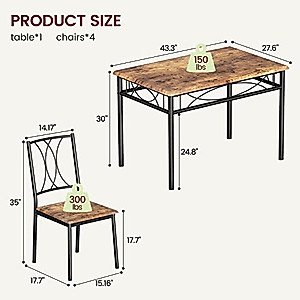 IDEALHOUSE Kitchen Table Set for 4, Dining Table and Chairs, Rectangular Dining Room Table Set with 4 Metal and Wood Chairs, 5 Piece Dining Table Set for Small Space, Apartment, Rustic Brown