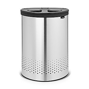 Brabantia Large Laundry Hamper (Matt Steel) Bathroom Bedroom Dirty Clothes Basket with 2 Sections, Inner Laundry Bags, Discrete Lid - 14.5 Gal