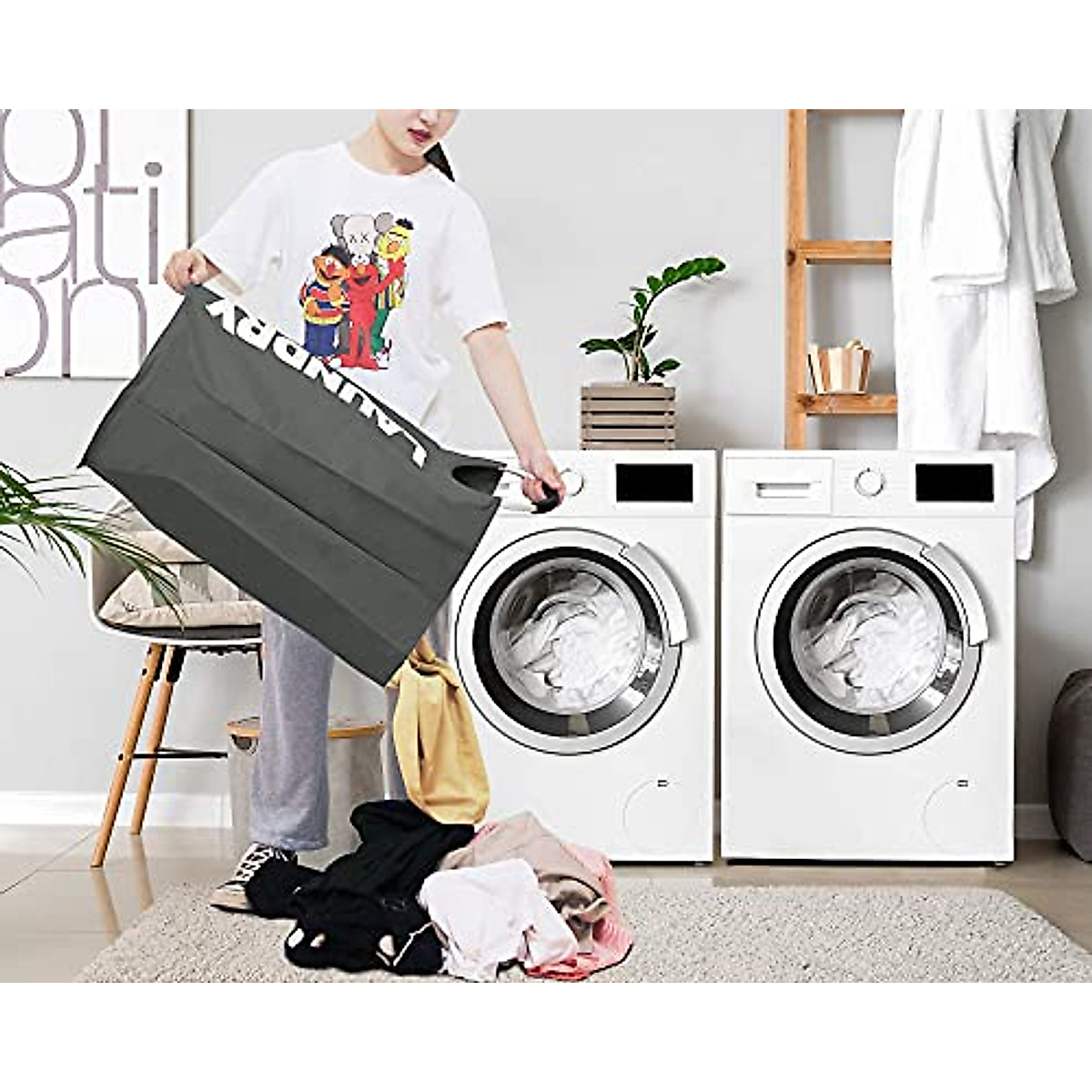 OUPAI Collapsible Large Laundry Basket 90L, Laundry Bag Clothes Hamper, Folding Dirty Laundry Hamper Basket for Clothes Storage, Large Laundry Bin with Padded Handles 2 pack (Dark Blue+ Dark Grey)