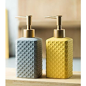 jessie 3 or 4-Piece Ceramic Bath Accessory Set Includes Liquid Soap Lotion Dispenser, Toothbrush Holder, Tumbler, Soap Dish Embossed Matte Bathroom Gift Set (Embossed Matte Yellow Three-Piece Suit)