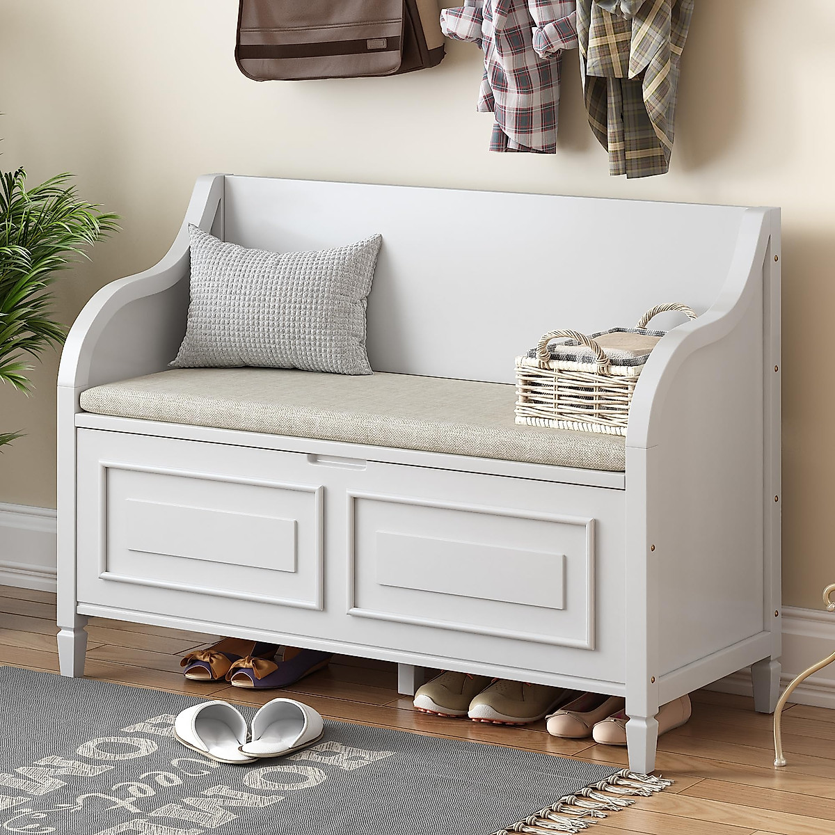 LUMISOL Storage Bench with Lift Top and Drawers Shoe Bench with Safety Hinge and Seating Cushion for Entryway (White)