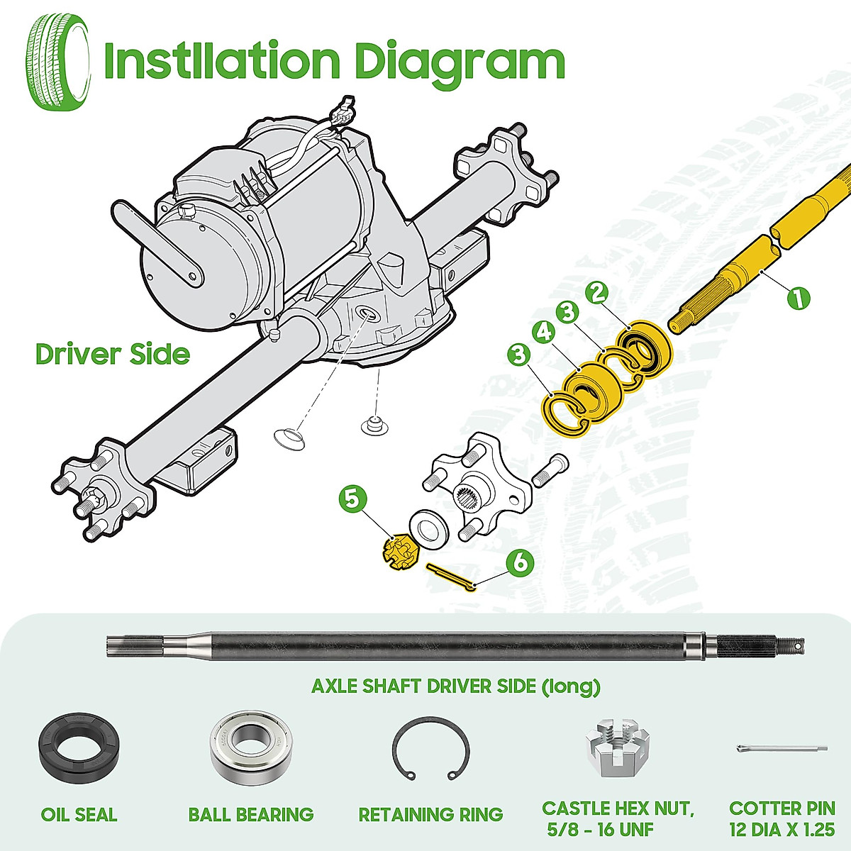 10L0L Golf Cart Driver Side Rear Spline Axle Shaft Fits EZGO RXV Electric 2008 UP, 24.5" Long,Replaces OEM 620337, 614208