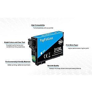 PayForLess Remanufactured 212XL Ink Cartridge for Epson 212XL T212XL 212 XL for Expression Home Epson XP-4100 Epson XP-4105 Workforce WF-2830 WF-2850 Printer 5pack(2 Black Cyan Magenta Yellow)