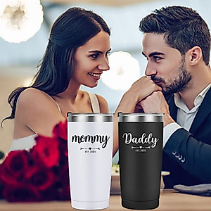Daddy and Mommy Est 2023 Travel Tumbler, New Parents Insulated Tumblers 20Oz, Mom Dad Gift for Mother's Day, Father's Day, Christmas, New Pregnancy, Birthday, Baby Shower (Black White)