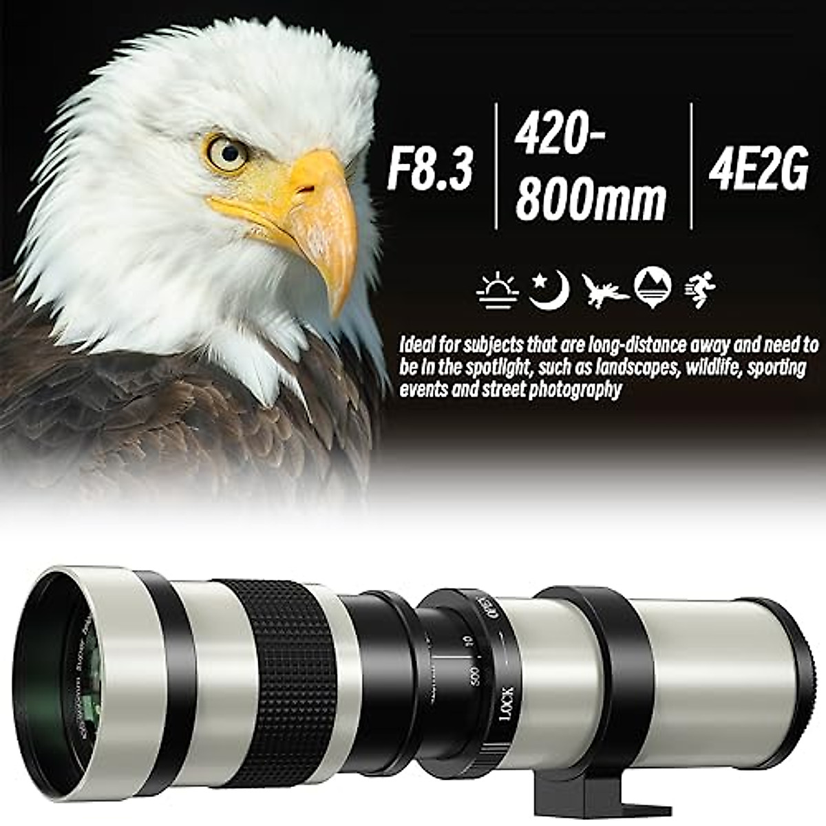 Lightdow 420-800mm f/8.3 Super Telephoto Lens with T-Mount for Canon EOS DSLR Cameras - White