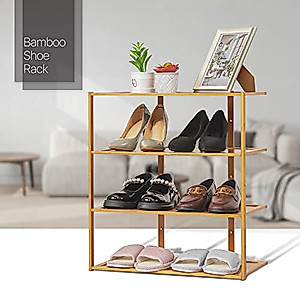 MoNiBloom Bamboo 4 Tier Shoe Rack Vertical Shoe Storage Sheld Stand Space Saving Shoe Organizer for 11-15 Pairs Small Spaces Corner Bedroom Living Room, Brown