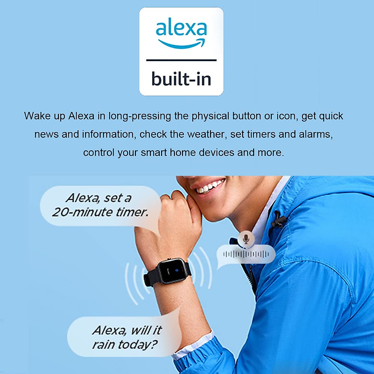 MEGIR Built-in Alexa Unisex Sports 1.55" Touch Screen Smart Watch Fitness Tracker/Heart Rate/Sleep Monitor/Sleep Monitor/SpO2 Pedometer with Blue Silicone Strap Touch Screen for Android iOS System