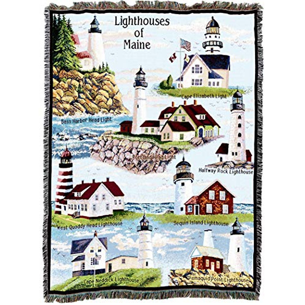 Lighthouses of Maine Blanket - Bass Harbor Cape Elizabeth Halfway Rock Sequin Neddick West Quoddy Portland Pemaquid - Coastal Ocean Gift Tapestry Throw Woven from Cotton - Made in the USA (72x54)