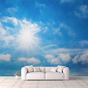 3D Wallpaper The Sun with Bright Rays in The Blue Sky with White Light Clouds Self Adhesive Bedroom Living Room Dormitory Decor Wall Mural Stick and Peel Background Wall Ceiling Wardrobe Sticker