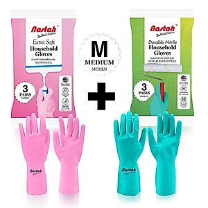 Nastah Latex & Nitrile Allergic Free Household Cleaning Gloves Bundle - Pink & Green Non-Slip Reusable Kitchen Dishwashing Gloves With Cotton Flock Liner (Total 6 Pairs, Size Medium)