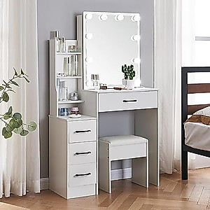 Caulitar Modern Vanity Desk with Mirror and Lights, White Vanity Desk with Stool and 4 Storage Drawers, Bedroom Makeup Vanity for Women Girls