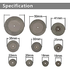 Yakamoz 10Pcs Assorted Small Diamond Cutting Wheel with Mandrel Cutoff Disc Blades Rotary Cutter Tool Kit for Metal Stone Tile, 16mm - 60mm Cutting Dia.
